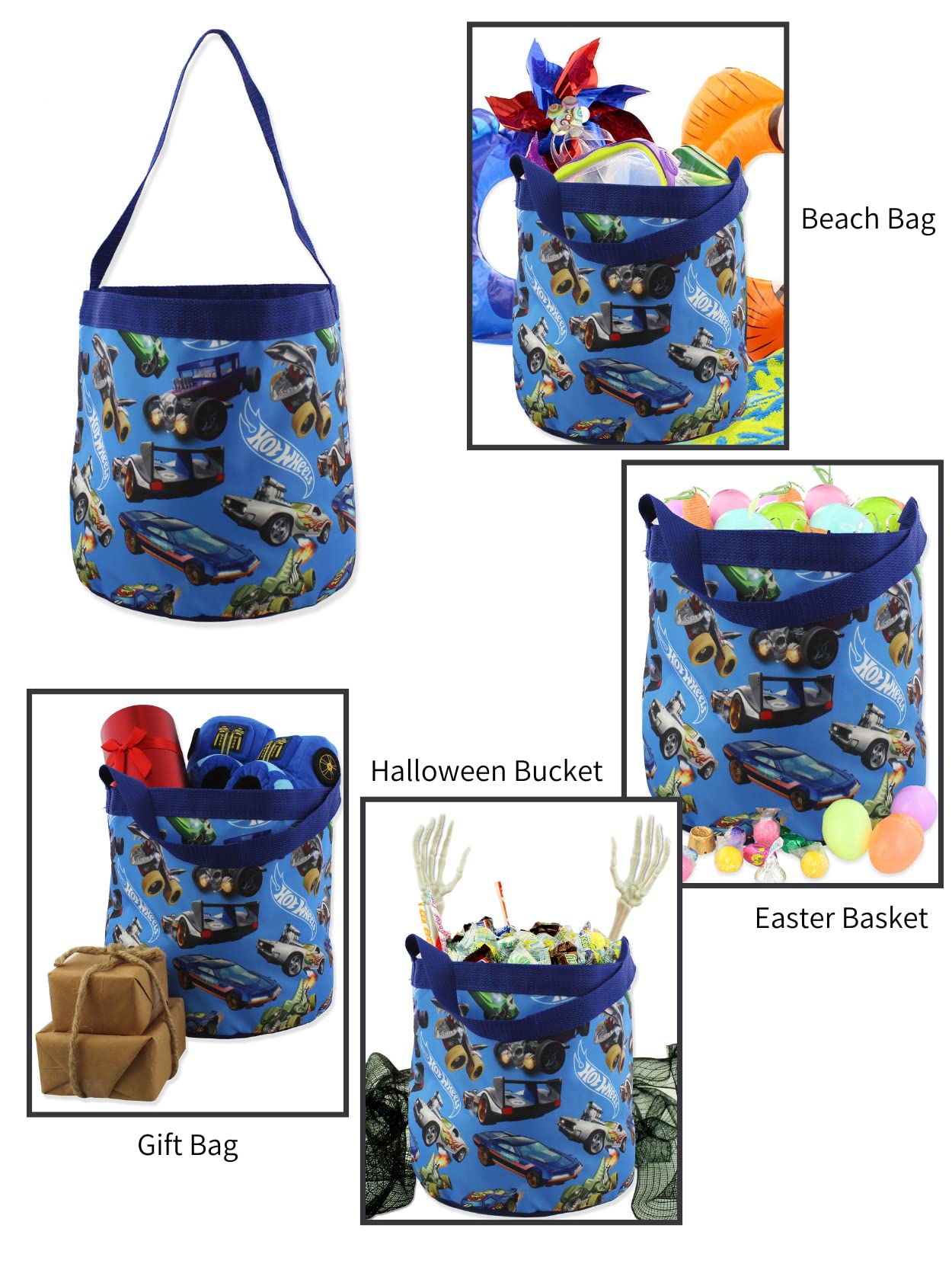 Hot Wheels Collapsible Nylon Basket Bucket Tote Bag (One Size, Blue)