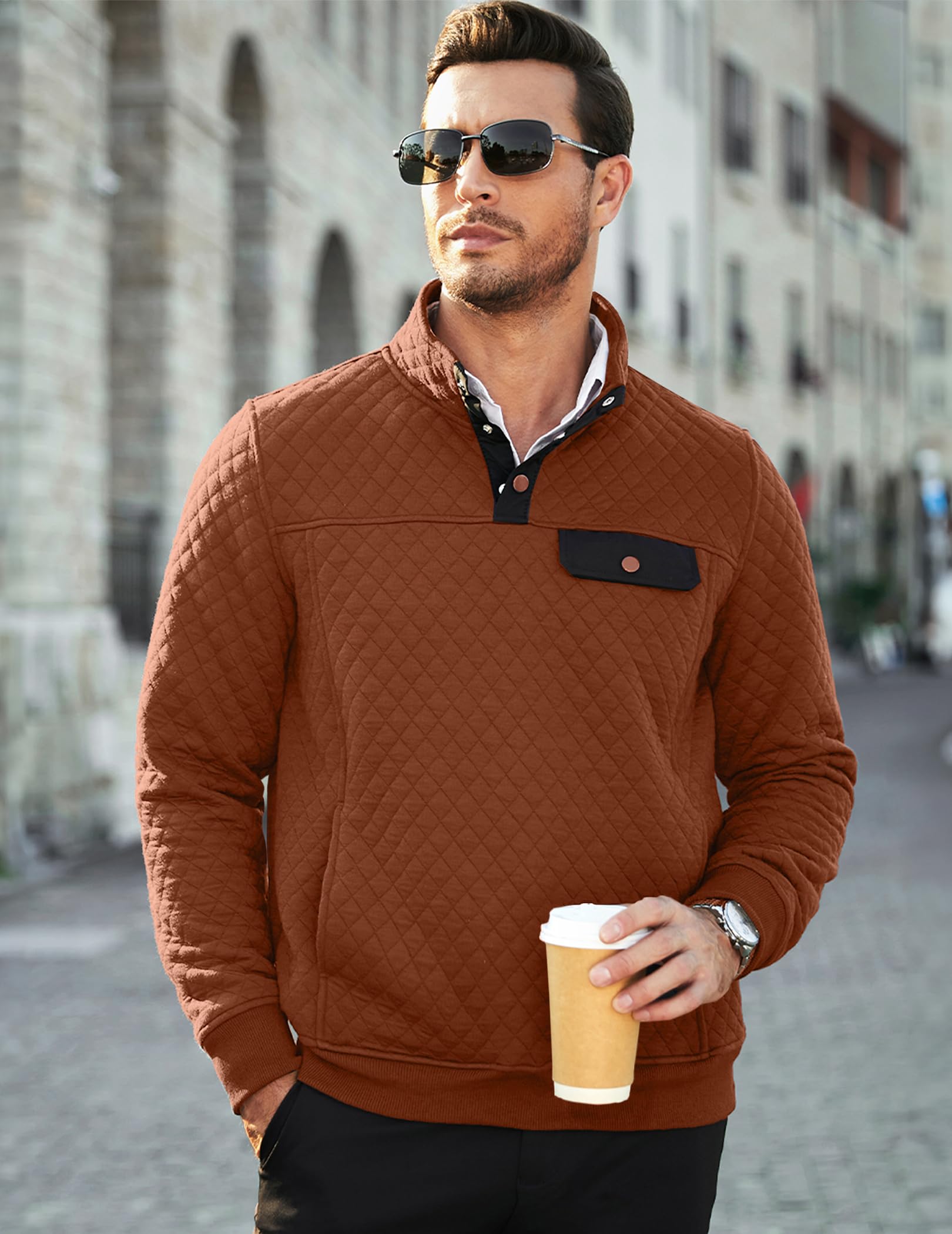 JMIERR Mens Quilted Sweatshirt Casual Long Sleeve Crewneck Half Button Fashion Pullovers Sweater Jackets with Pockets, US 38(S), Orange