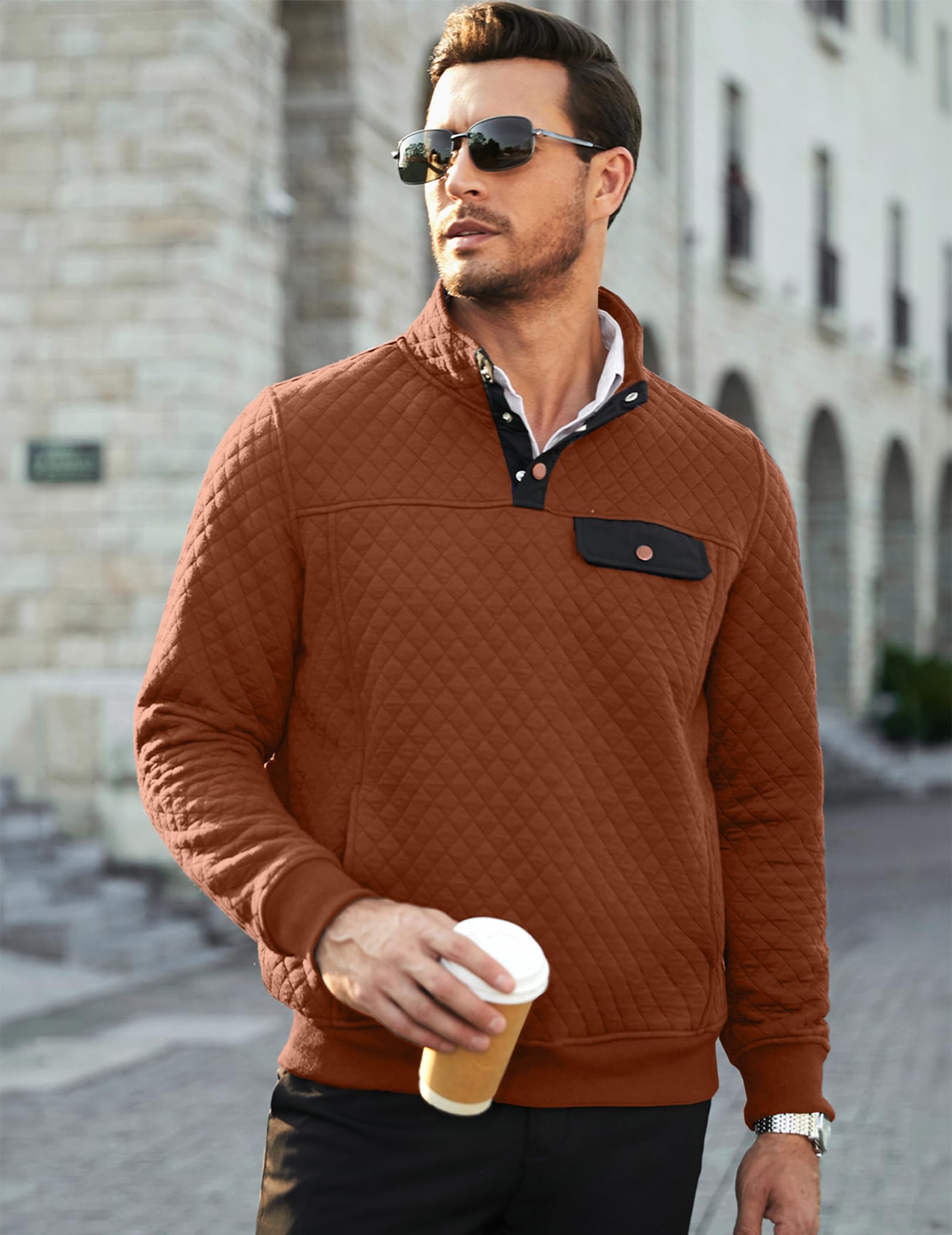 JMIERR Mens Quilted Sweatshirt Casual Long Sleeve Crewneck Half Button Fashion Pullovers Sweater Jackets with Pockets, US 38(S), Orange