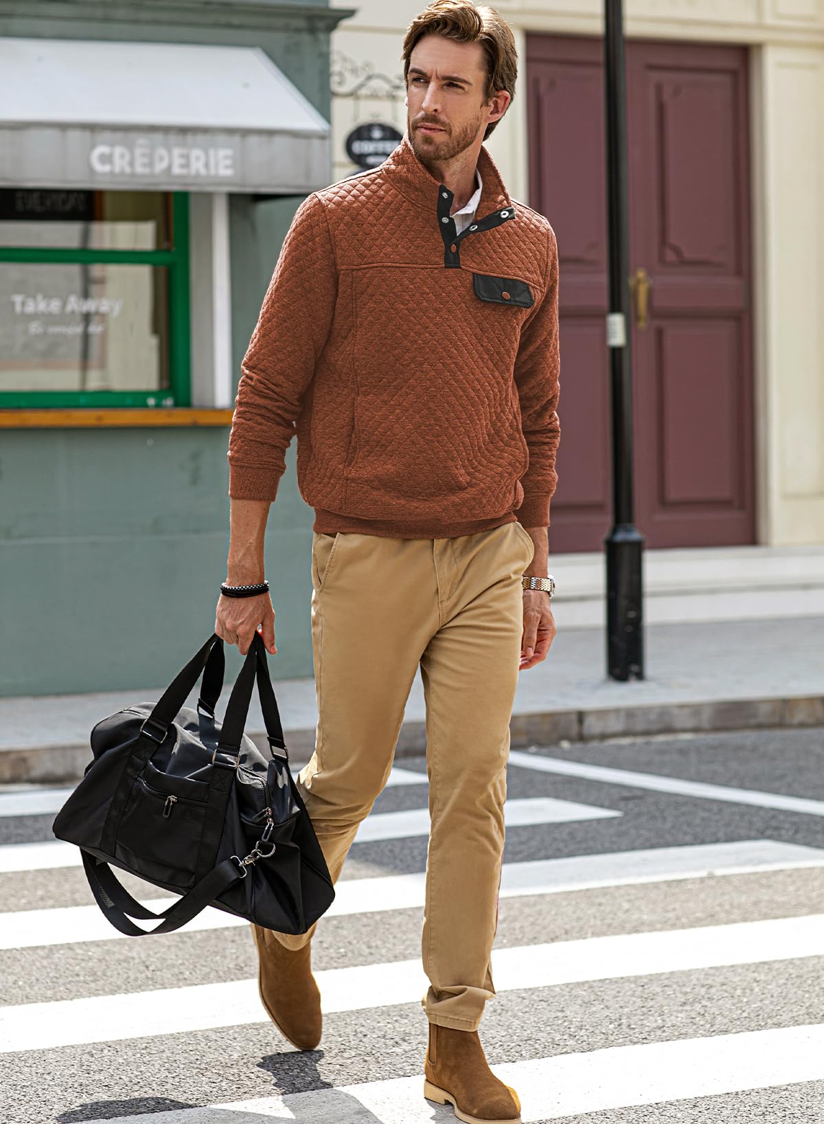 JMIERR Mens Quilted Sweatshirt Casual Long Sleeve Crewneck Half Button Fashion Pullovers Sweater Jackets with Pockets, US 38(S), Orange