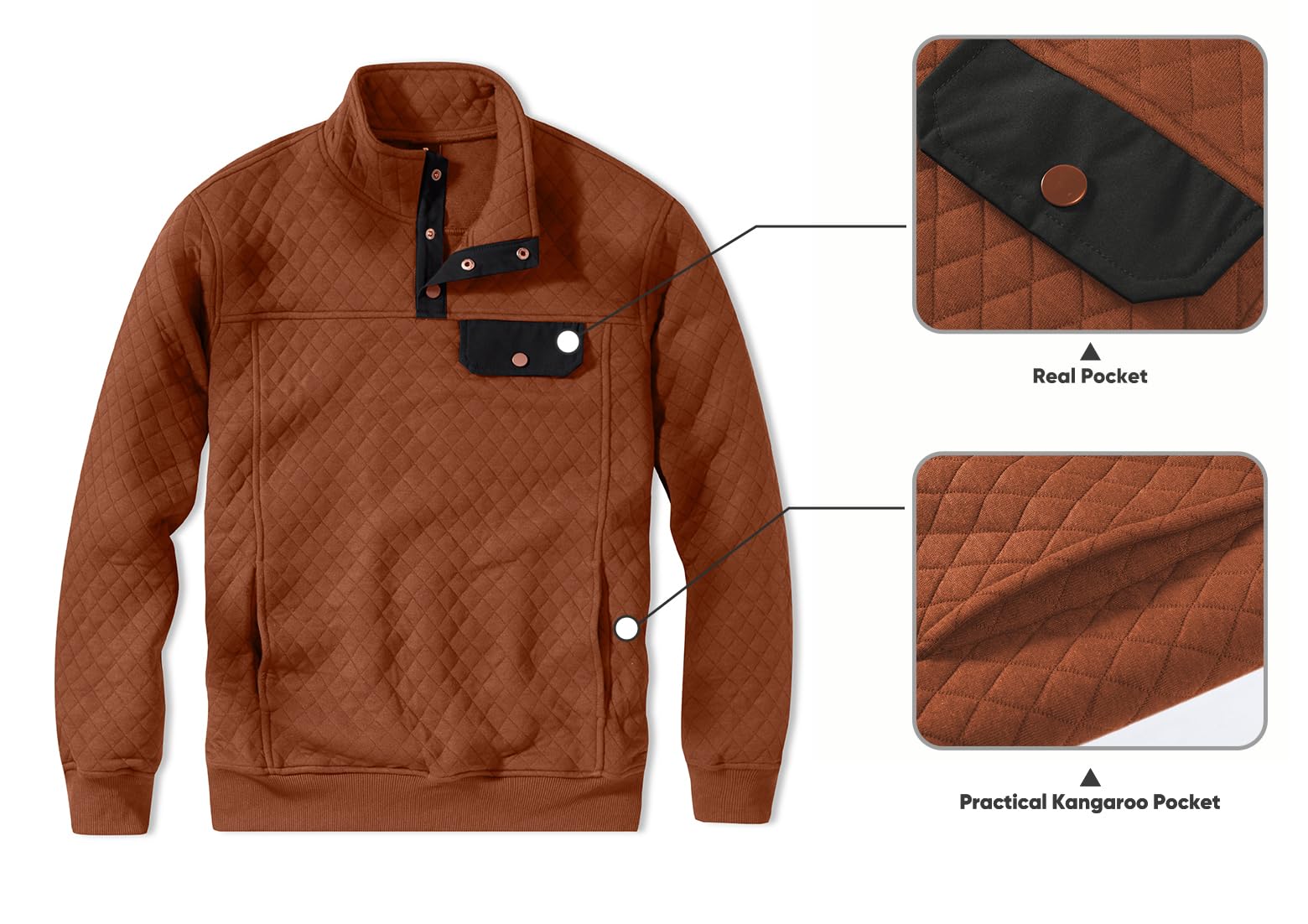 JMIERR Mens Quilted Sweatshirt Casual Long Sleeve Crewneck Half Button Fashion Pullovers Sweater Jackets with Pockets, US 38(S), Orange