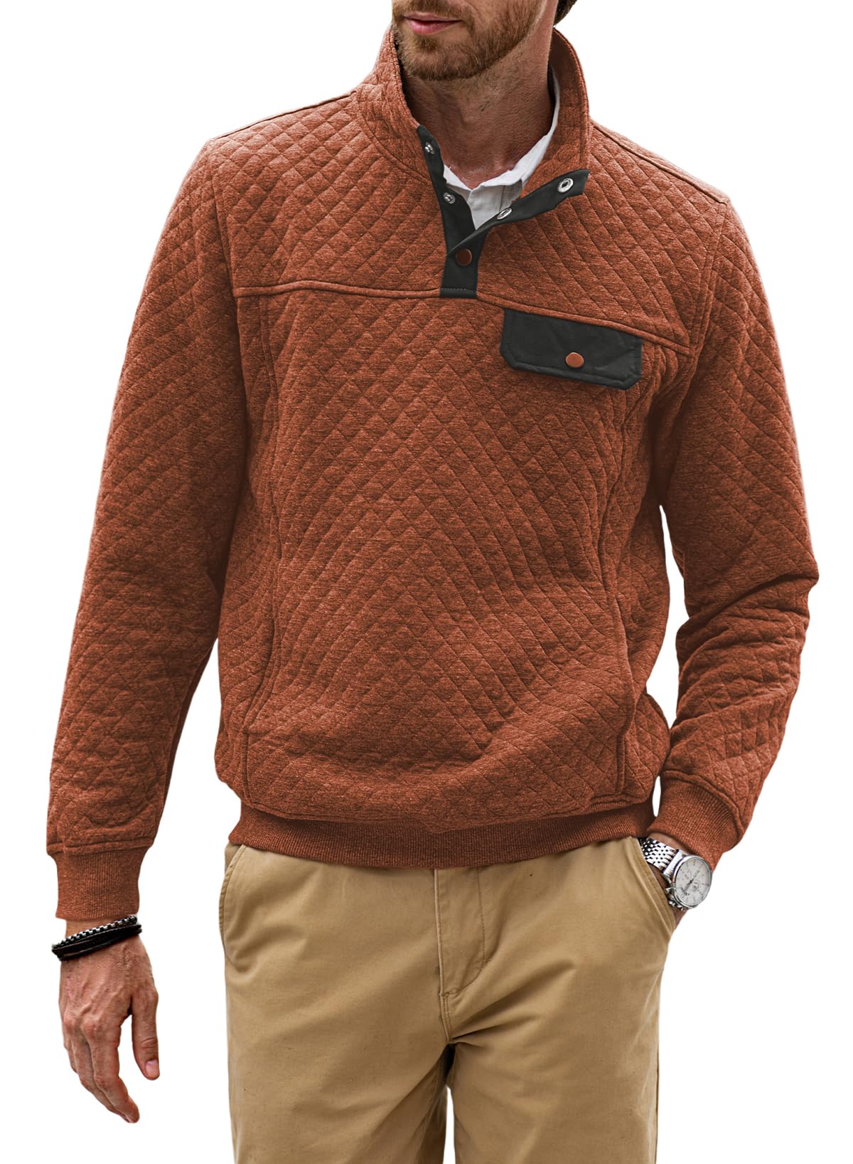 JMIERR Mens Quilted Sweatshirt Casual Long Sleeve Crewneck Half Button Fashion Pullovers Sweater Jackets with Pockets, US 38(S), Orange