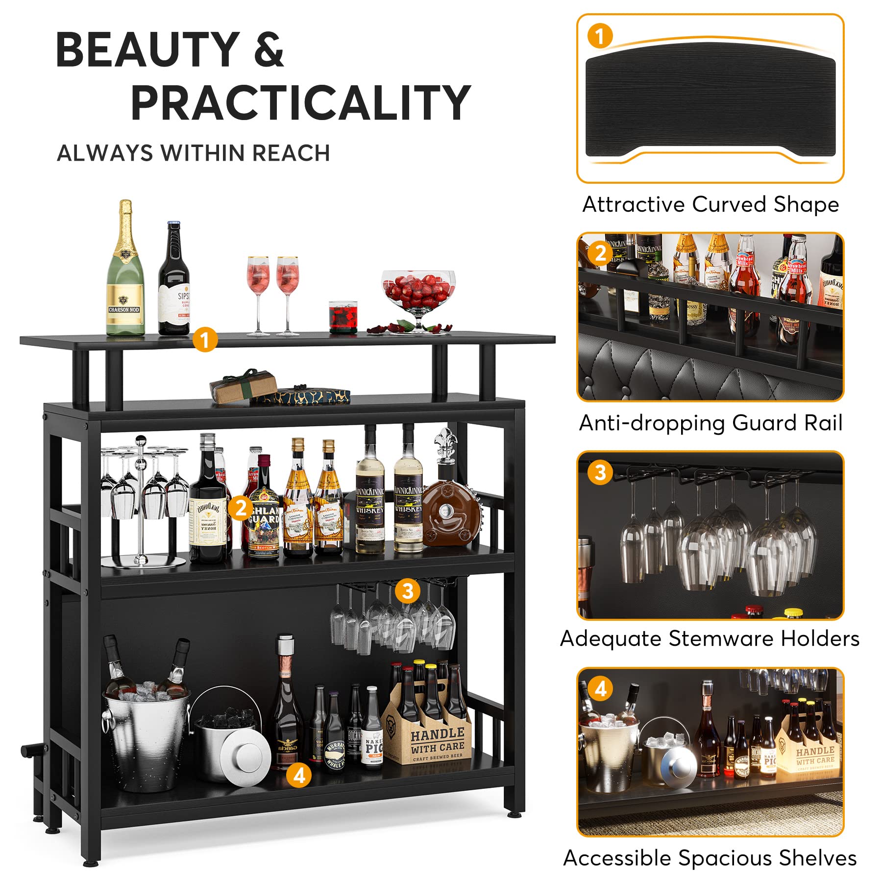 Tribesigns Home Bar Unit for Liquor, 44-Inch Bar Height Table with Storage, Black Entertainment Pub Table, Mini Bar Carts Upholstered&Metal Front Footrest for Kitchen, Balcony, Basement