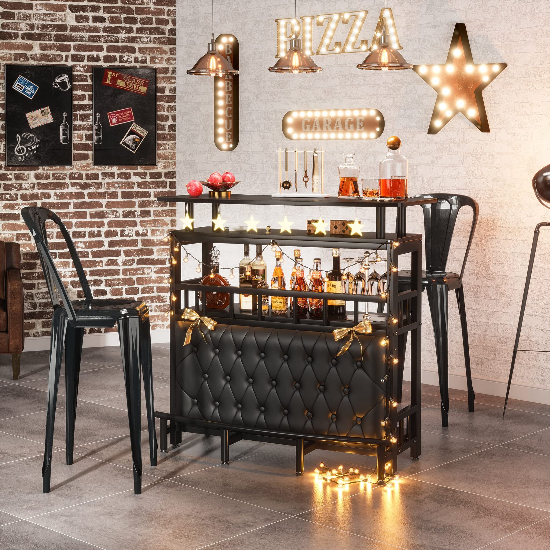 Tribesigns Home Bar Unit for Liquor, 44-Inch Bar Height Table with Storage, Black Entertainment Pub Table, Mini Bar Carts Upholstered&Metal Front Footrest for Kitchen, Balcony, Basement