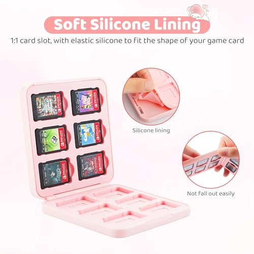 RHOTALL Pink Game Case for Nintendo Switch and Switch OLED, Cute Bunny Storage Card Box with 12 Game Cards Cartridge and 12 SD Cards Slots, Portable Switch Games Holder with Magnetic Design