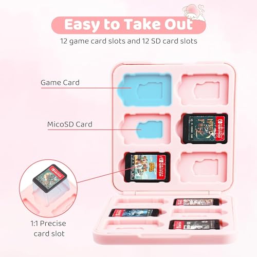 RHOTALL Pink Game Case for Nintendo Switch and Switch OLED, Cute Bunny Storage Card Box with 12 Game Cards Cartridge and 12 SD Cards Slots, Portable Switch Games Holder with Magnetic Design