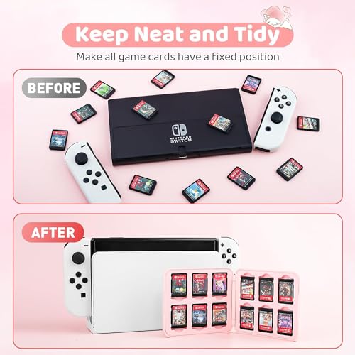 RHOTALL Pink Game Case for Nintendo Switch and Switch OLED, Cute Bunny Storage Card Box with 12 Game Cards Cartridge and 12 SD Cards Slots, Portable Switch Games Holder with Magnetic Design