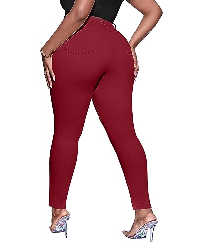 Gboomo Womens Plus Size Pants Skinny Tapered Comfy Stretch High Waist Ankle Jean Wine Red 14W