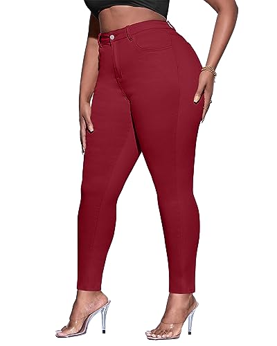Gboomo Womens Plus Size Pants Skinny Tapered Comfy Stretch High Waist Ankle Jean Wine Red 14W