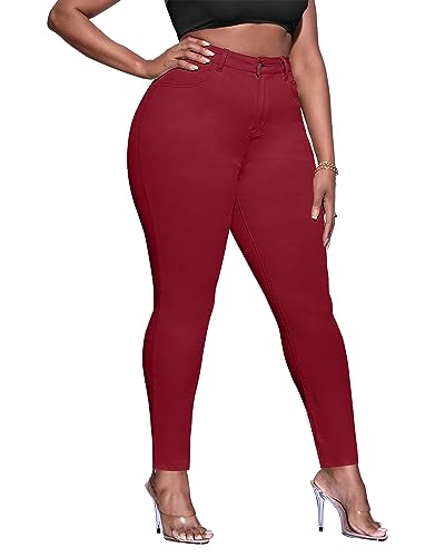 Gboomo Womens Plus Size Pants Skinny Tapered Comfy Stretch High Waist Ankle Jean Wine Red 14W