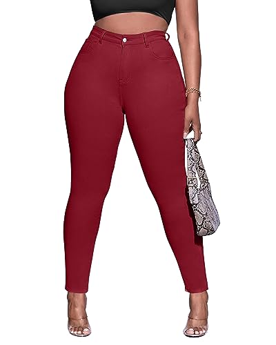Gboomo Womens Plus Size Pants Skinny Tapered Comfy Stretch High Waist Ankle Jean Wine Red 14W