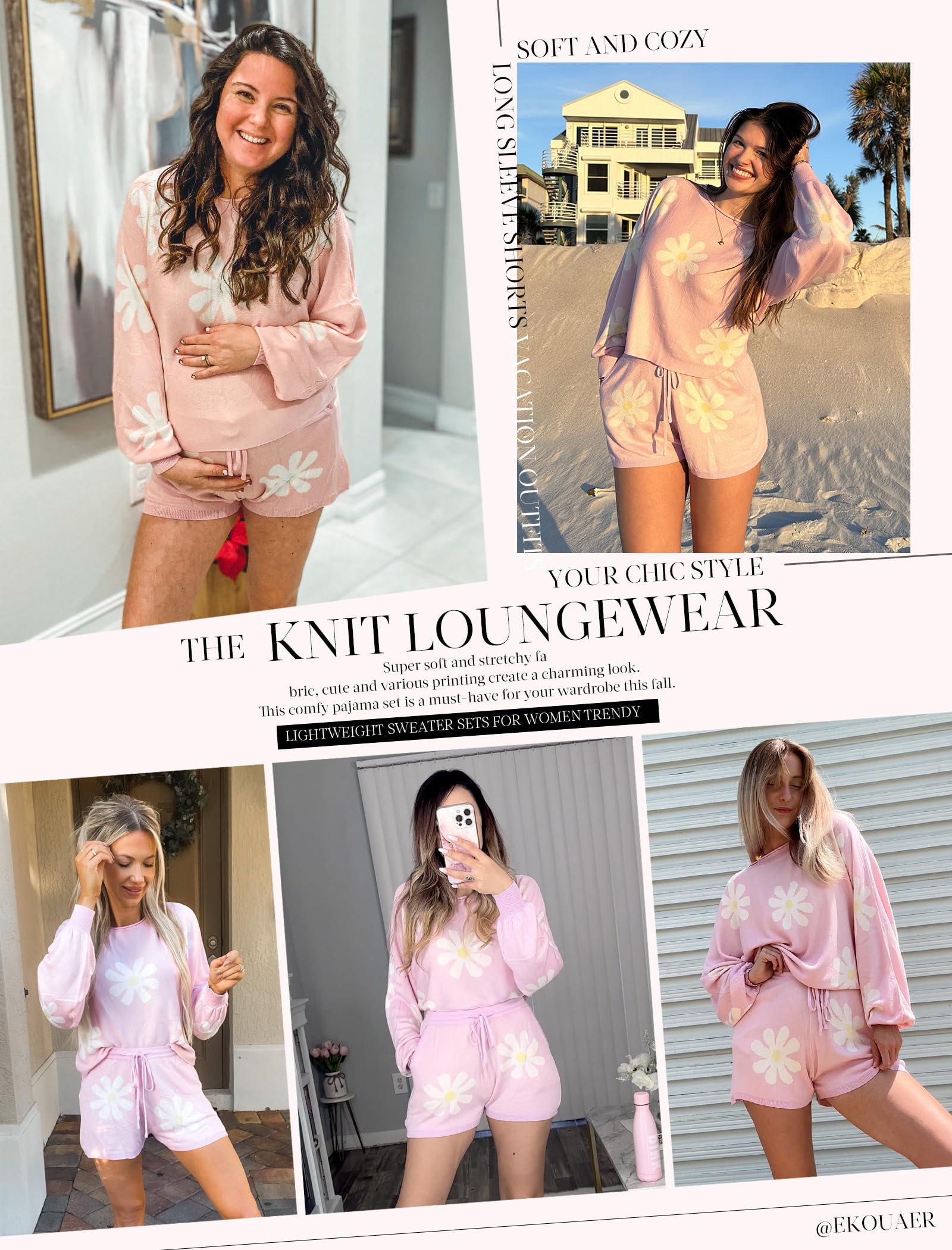 Ekouaer Knit Pajamas Set for Women Lounge Sets Long Sleeve Sweatsuit Matching 2 Piece Outfits Cute Sweater Sets Floral Pink M