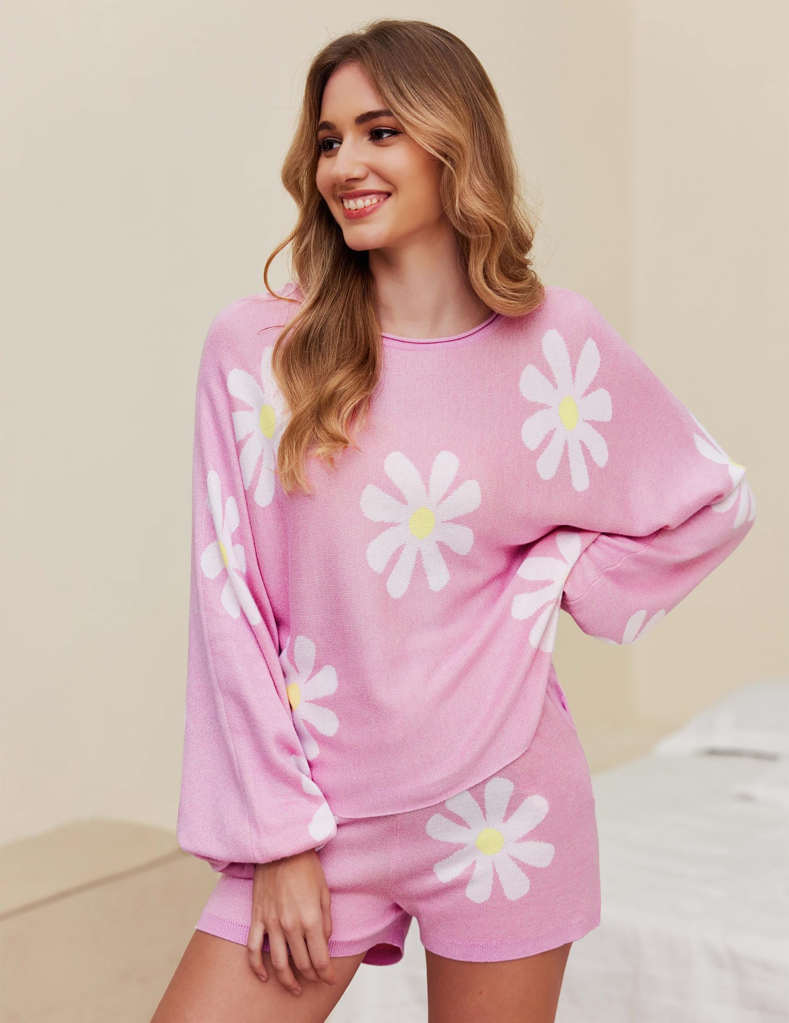 Ekouaer Knit Pajamas Set for Women Lounge Sets Long Sleeve Sweatsuit Matching 2 Piece Outfits Cute Sweater Sets Floral Pink M