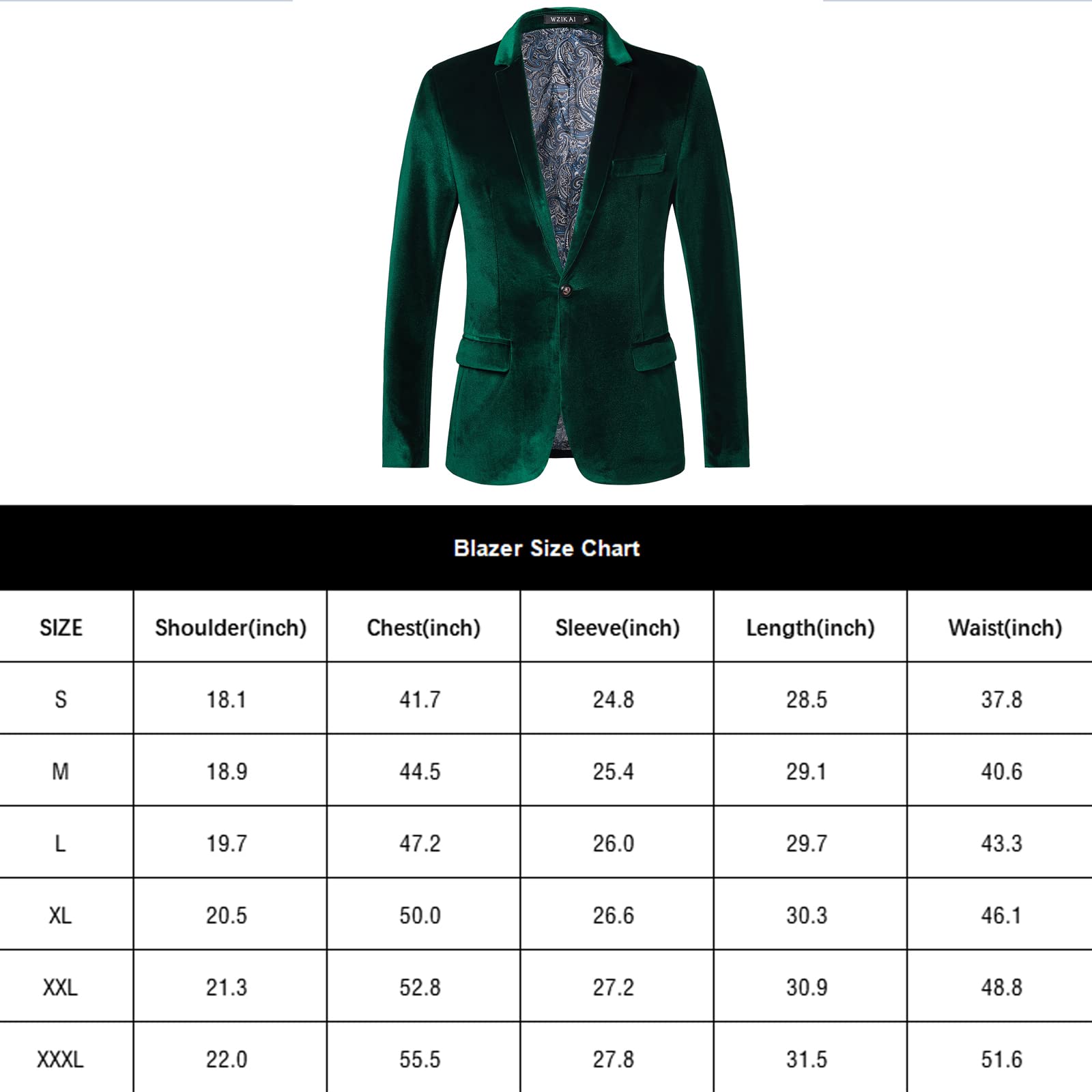 WZIKAI Mens Velvet Blazer One Button Slim Fit Solid Fashion Suit Jacket Sport Coat for Wedding Prom Dinner Party Green XXXL