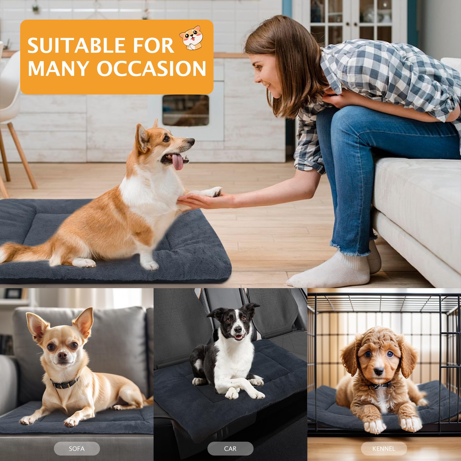 Vetasac Reversible Dog Bed Mat with Plush and Corn Velvet,Soft Warm Pet Cushion, Dual Purpose Washable Sleeping Mattress Bed for Small Medium Large Dog and Cat XB004 (36"x23", Dark Grey)