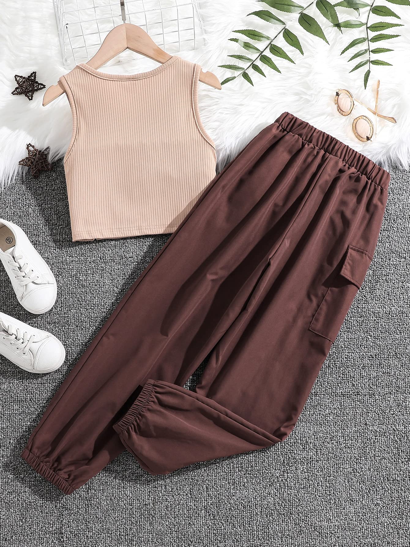 Floerns Girls 2 Piece Outfit Letter Print Rib Knit Crop Tank Top and Cargo Pants Brown 10Y