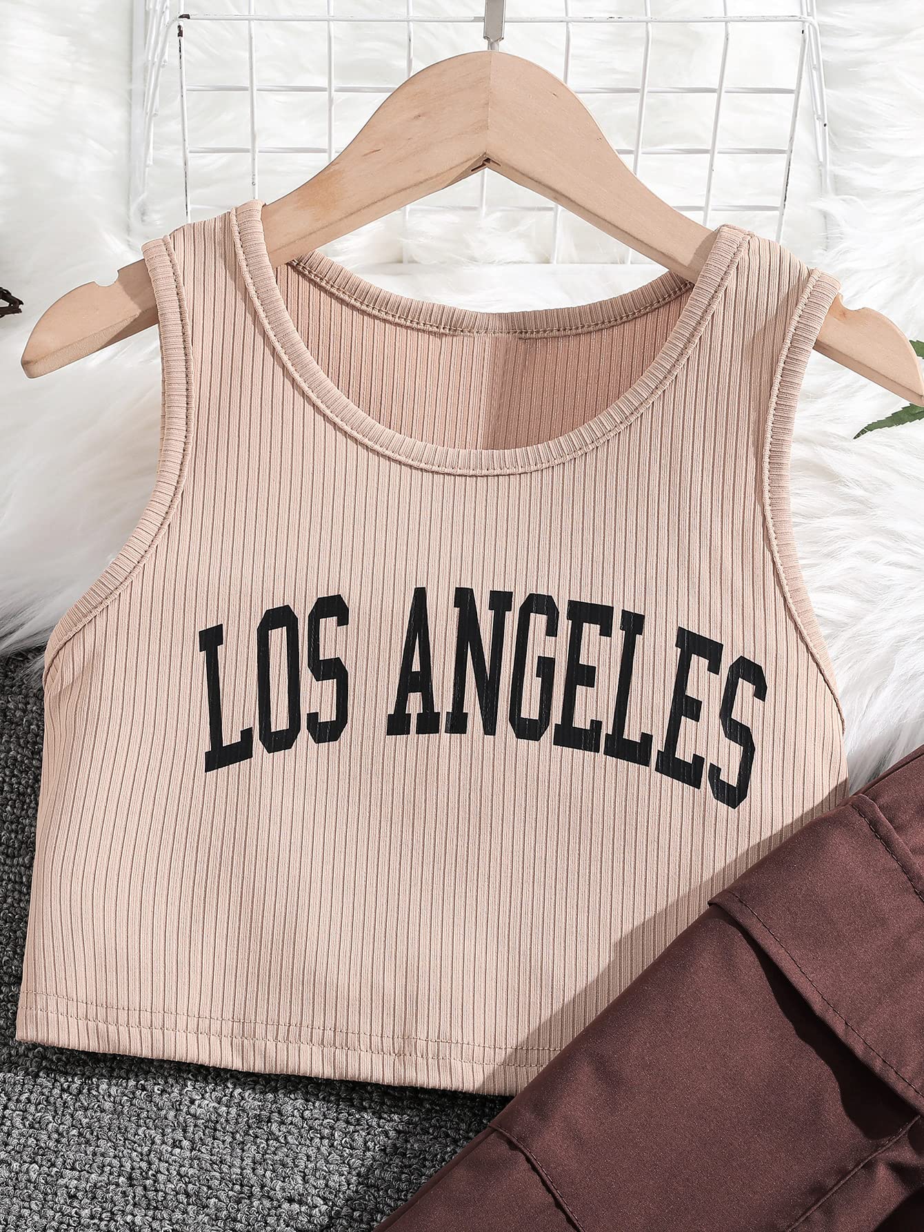 Floerns Girls 2 Piece Outfit Letter Print Rib Knit Crop Tank Top and Cargo Pants Brown 10Y