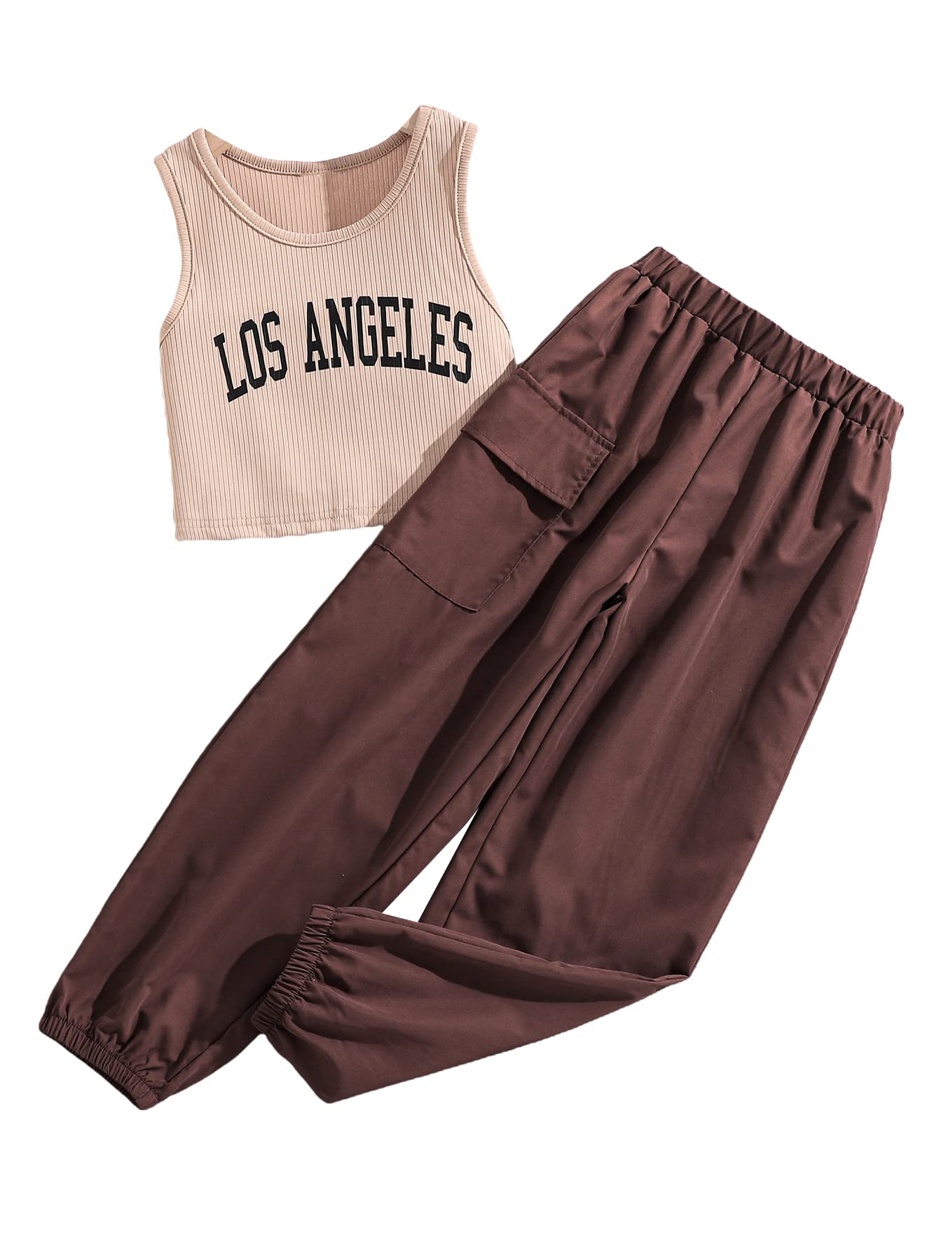Floerns Girls 2 Piece Outfit Letter Print Rib Knit Crop Tank Top and Cargo Pants Brown 10Y