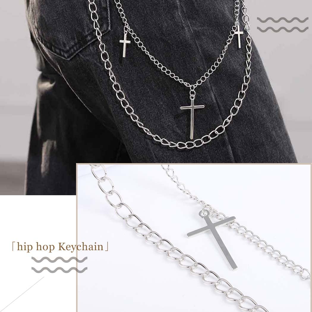 Tgirls Punk Goth Pant Hip Hop Pocket Jean Acrylic Wallet Layered Keychains Belt Trouser Chains for Women and Men (2 layer-Cross)