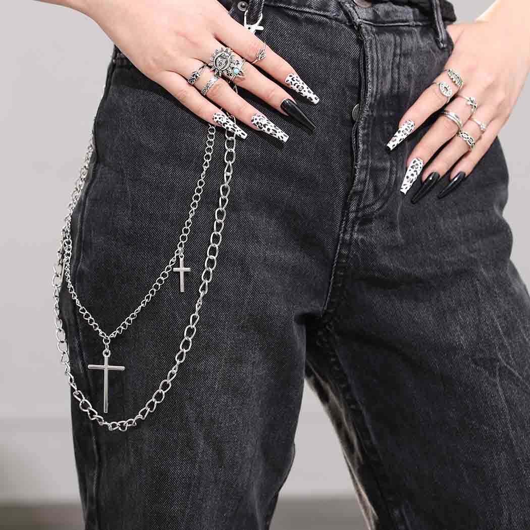 Tgirls Punk Goth Pant Hip Hop Pocket Jean Acrylic Wallet Layered Keychains Belt Trouser Chains for Women and Men (2 layer-Cross)