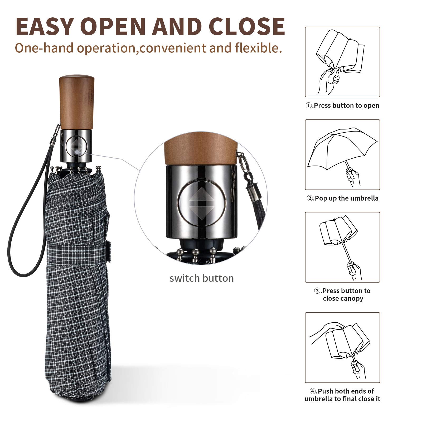 HOMILOOP Compact Folding Umbrella,10 Ribs Business Brolly,Automatic Opening,Compatible Rainy and Sunny Weathers,Vintage Plaid and Wooden Handle Parasol