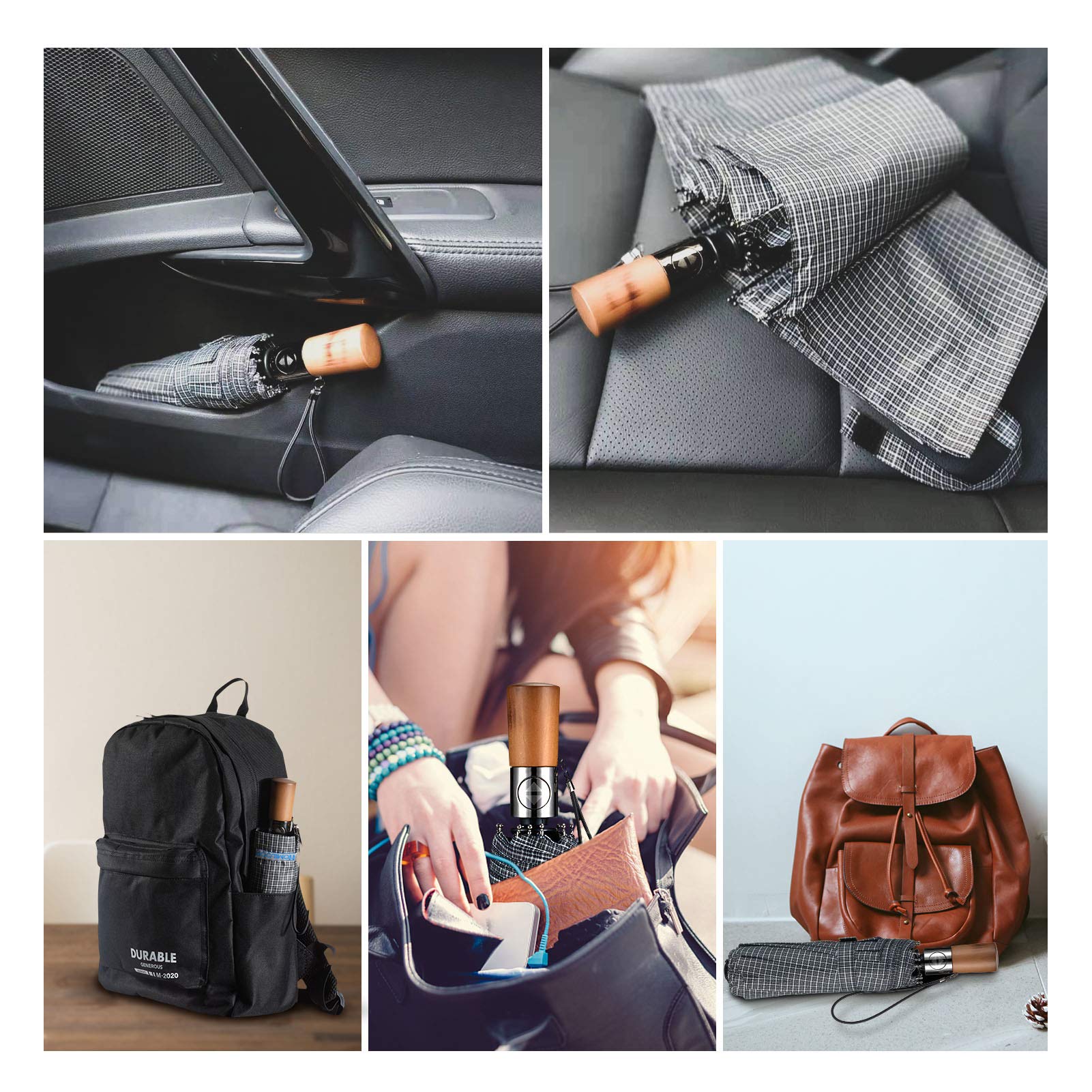 HOMILOOP Compact Folding Umbrella,10 Ribs Business Brolly,Automatic Opening,Compatible Rainy and Sunny Weathers,Vintage Plaid and Wooden Handle Parasol