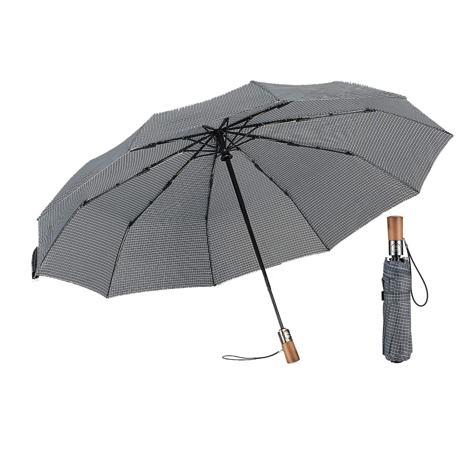 HOMILOOP Compact Folding Umbrella,10 Ribs Business Brolly,Automatic Opening,Compatible Rainy and Sunny Weathers,Vintage Plaid and Wooden Handle Parasol