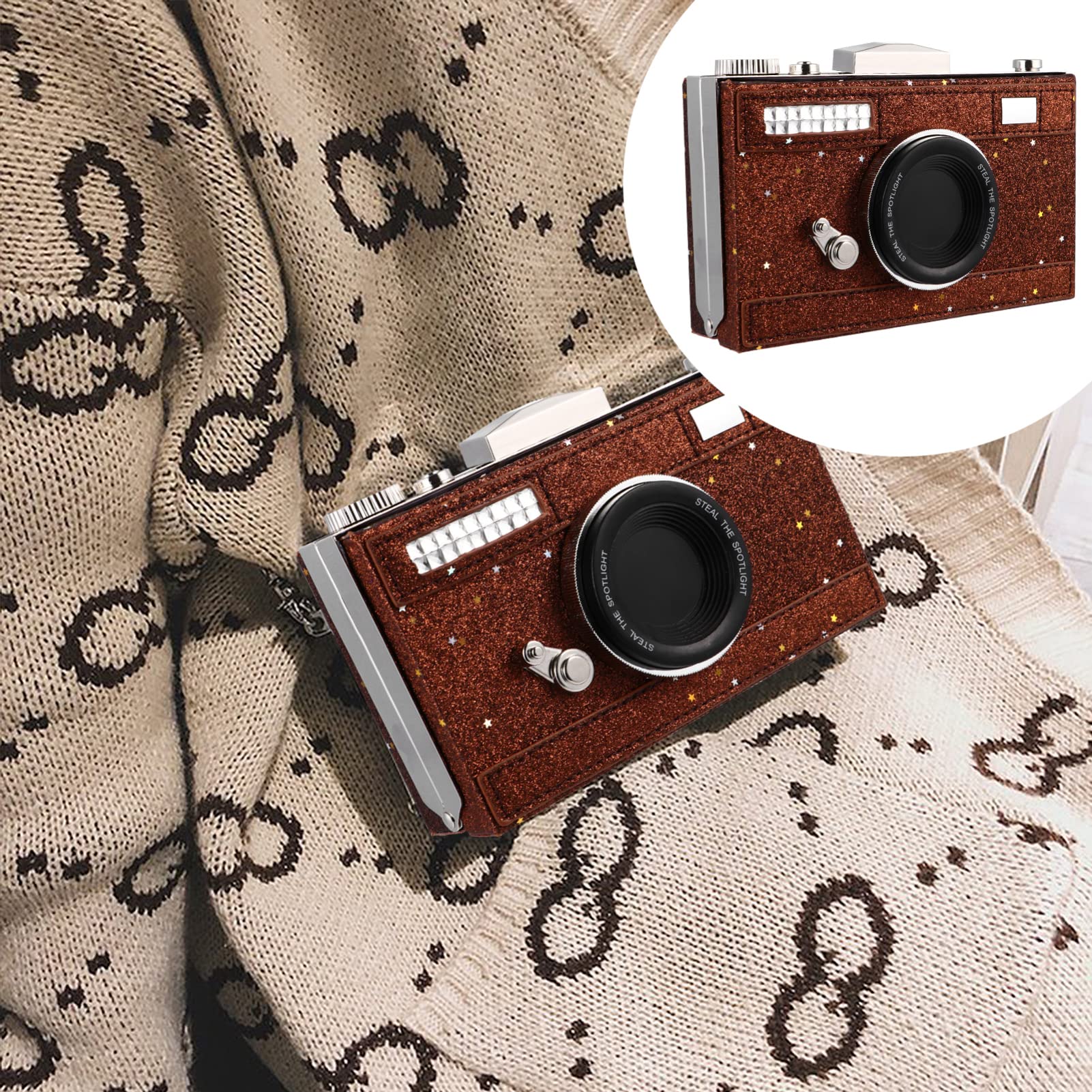TENDYCOCO Camera Shaped Crossbody Bag Wide Shoulder Bag Square Bag Camera Bling Purse Unique Design for Daily Storage