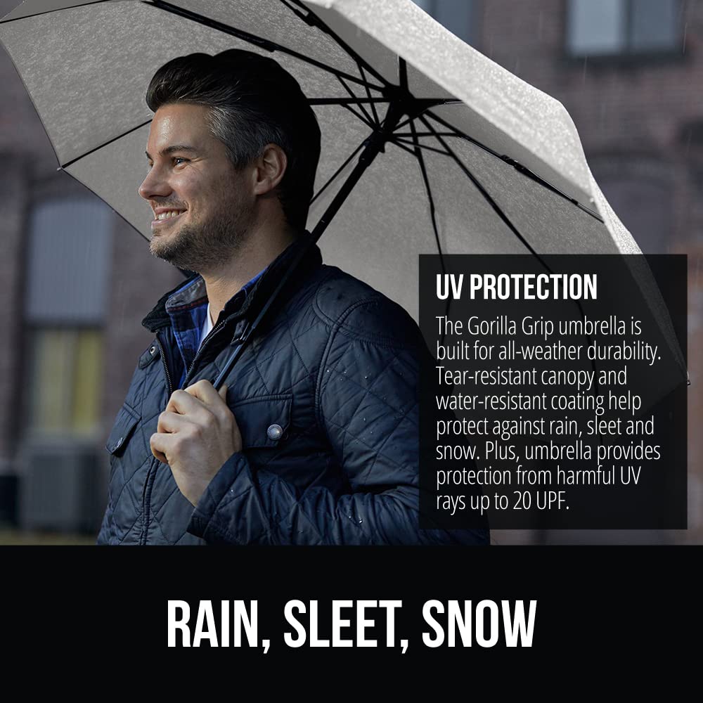 Gorilla Grip Windproof Compact Stick Umbrella for Rain, One-Click Automatic Open and Close, Strong Reinforced Fiberglass Ribs, Easily Collapsible, Lightweight Portable Umbrellas for Travel, Gray