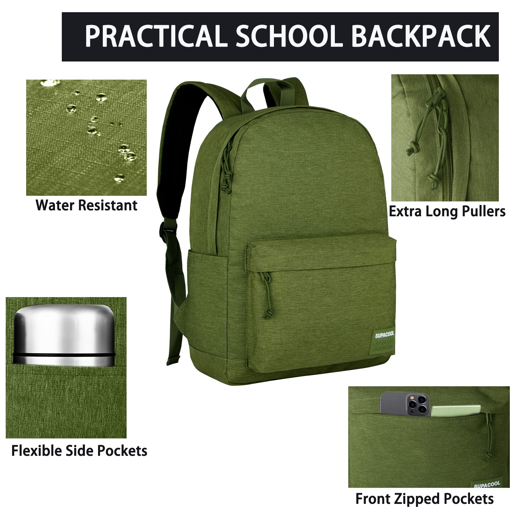 SUPACOOL Casual Laptop Backpack for Men and Women, Backpack for College, USB Charging Port, Lightweight Pack Back(Olive)