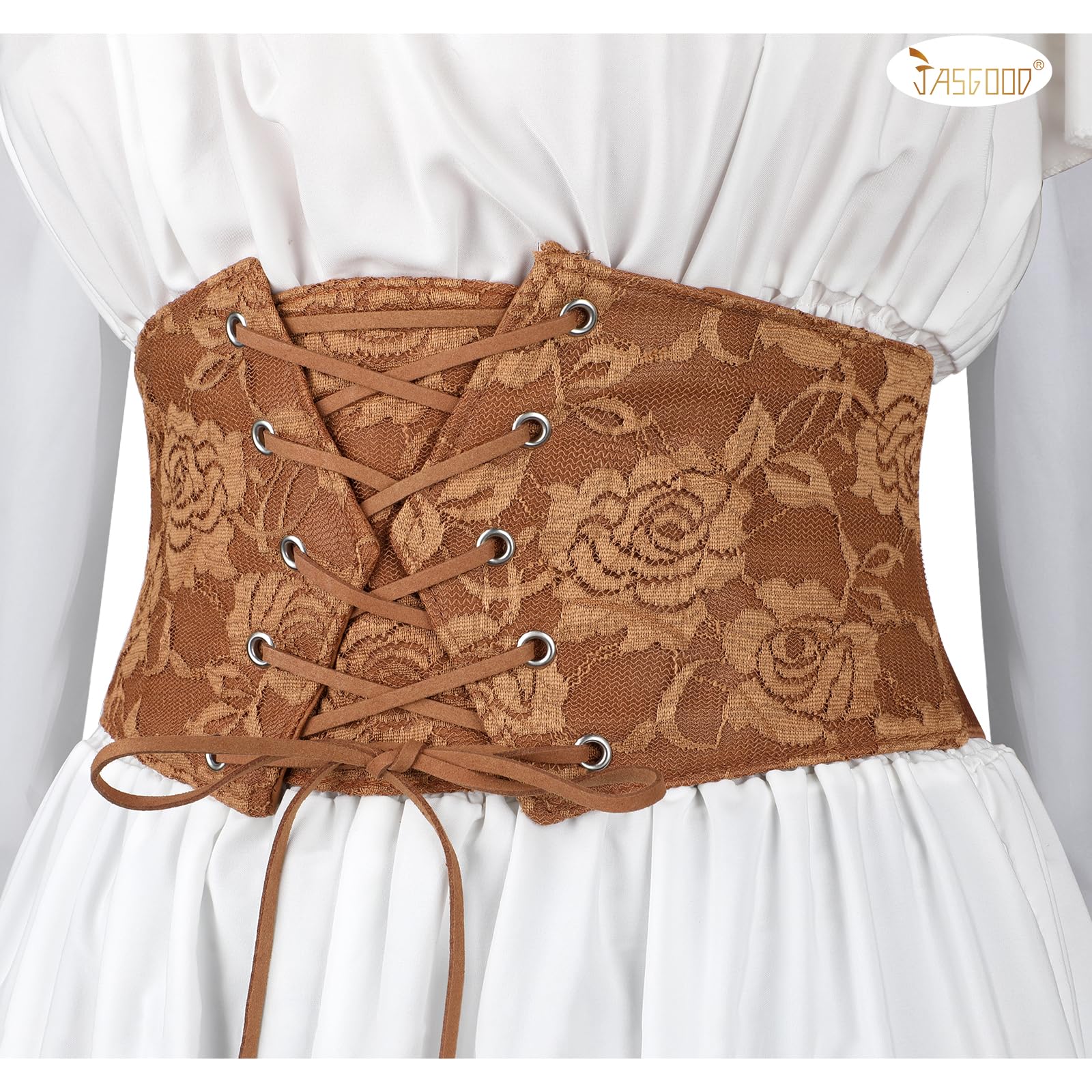 JASGOOD 2 Pack Women Elastic Wide Waist Belt Lace-up Tied Waspie Corset Belt for Dress