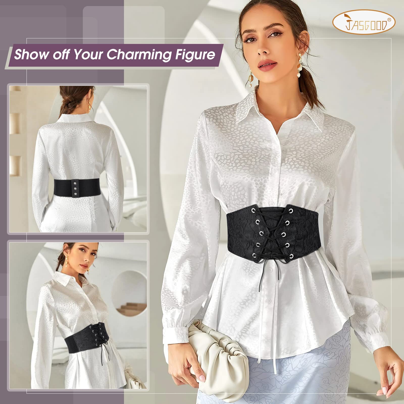 JASGOOD 2 Pack Women Elastic Wide Waist Belt Lace-up Tied Waspie Corset Belt for Dress