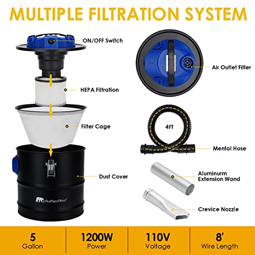 MYFIREPLACEDIRECT 1200W Ash Vacuum 5 Gallon Ash Vacuum Cleaner Collector Bucket with Blow Function for Pellet Stoves, Wood Stoves, Fireplaces, BBQ Grills, Fire Pits