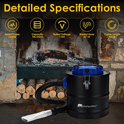 MYFIREPLACEDIRECT 1200W Ash Vacuum 5 Gallon Ash Vacuum Cleaner Collector Bucket with Blow Function for Pellet Stoves, Wood Stoves, Fireplaces, BBQ Grills, Fire Pits