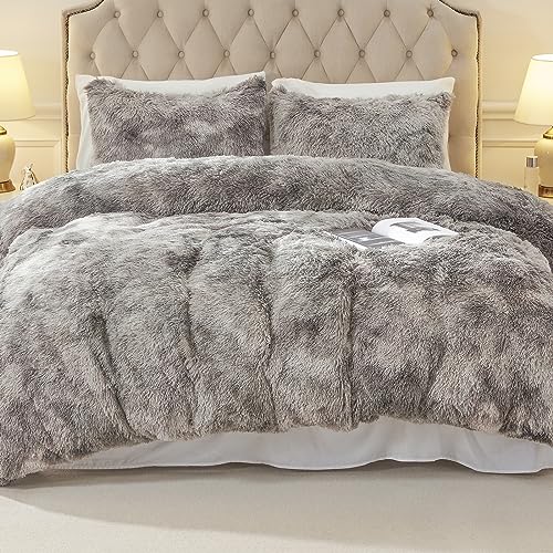 EMME Plush Fuzzy Duvet Cover Set Queen Size 3 Pieces (1 Duvet Cover + 2 Pillow Cases) Luxury Soft Faux Fur Velet Fluffy Comforter Cover Set,Zipper Closure (Tie Dye Light Grey,Queen)