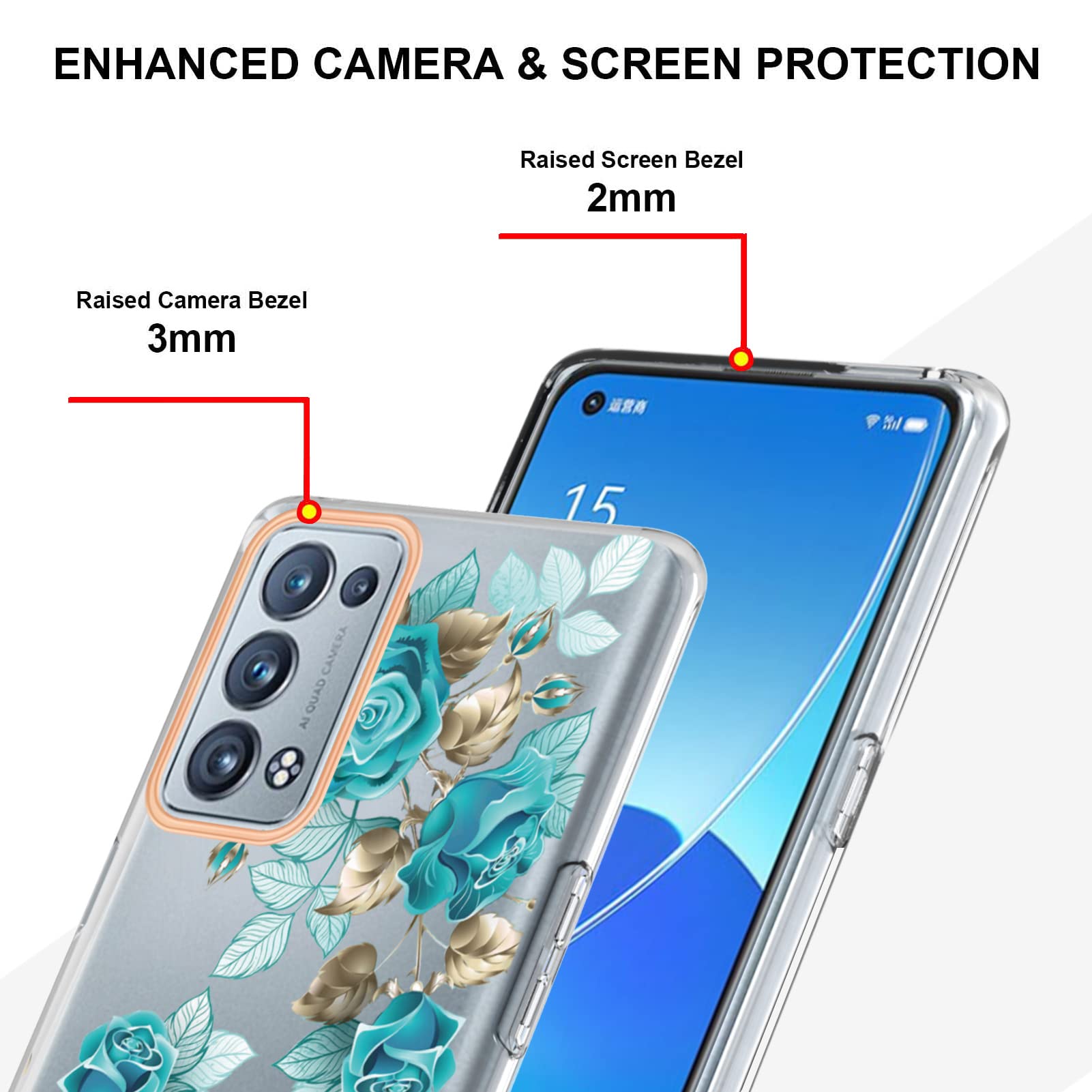 ONV Silicone Case Compatible with Reno 6 Pro 5G - Phone Case with Clorful Flower Painted Shock-Absorb Case TPU with Bumper Ultra-Slim Protect Cover for Reno 6 Pro 5G [HC] -Blue
