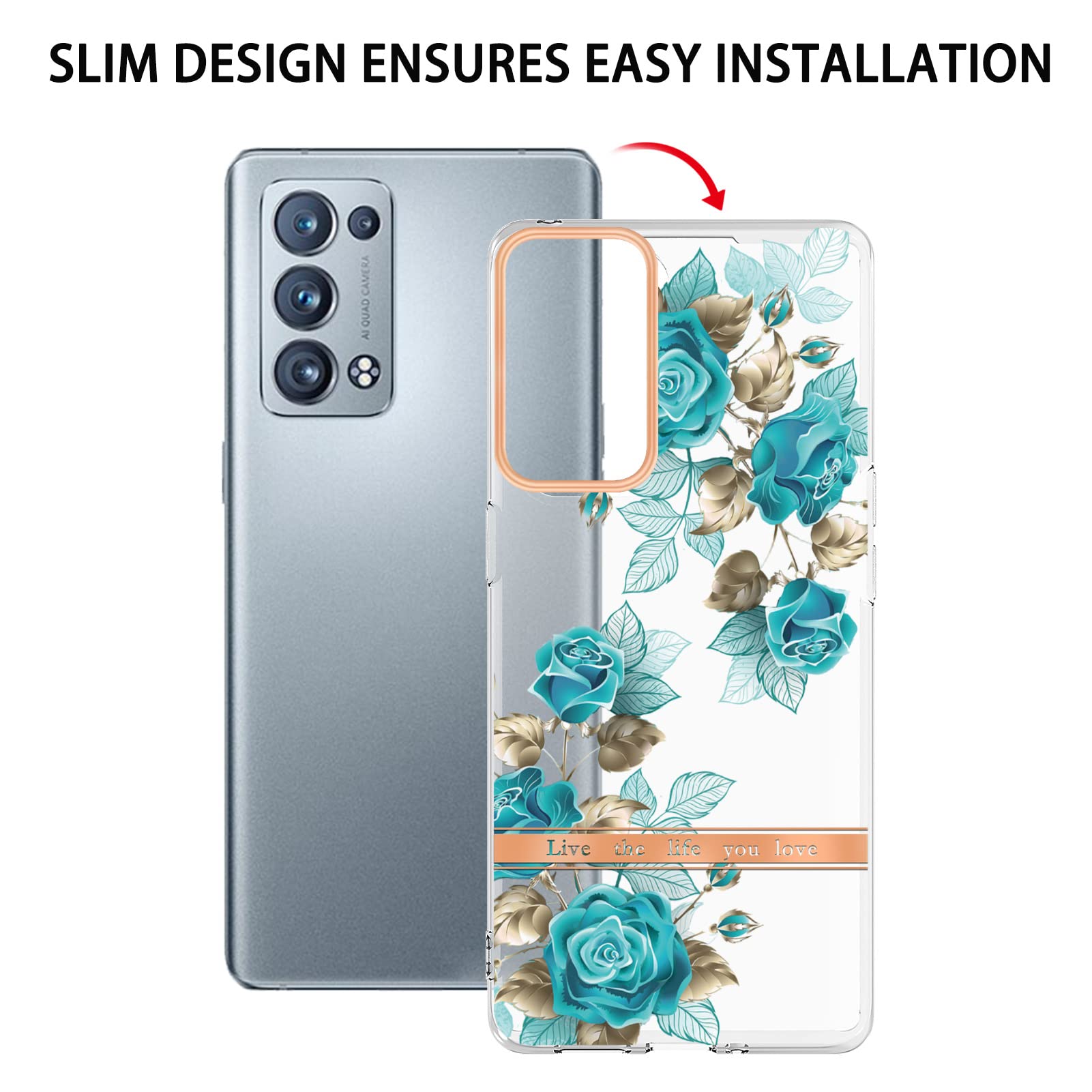 ONV Silicone Case Compatible with Reno 6 Pro 5G - Phone Case with Clorful Flower Painted Shock-Absorb Case TPU with Bumper Ultra-Slim Protect Cover for Reno 6 Pro 5G [HC] -Blue