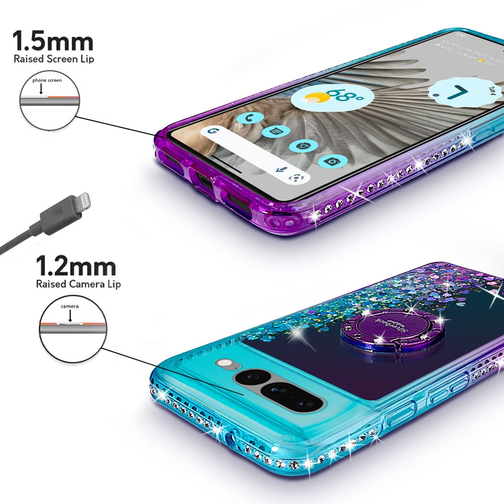 Silverback for Pixel 7 Pro Case, Moving Liquid Holographic Sparkle Glitter Case with Kickstand, Girls Women Bling Diamond Ring Slim Protective Case for Google Pixel 7 Pro, Purple