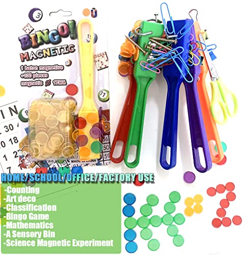 TCOINERY Bingo Chips Set-Magnetic Wand & 100 Counting Chips-6 Colors Transparent Plastic Markers for Family School Learning Game Zoom Bingo and Pokeno Nights