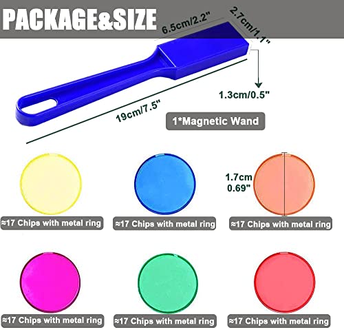 TCOINERY Bingo Chips Set-Magnetic Wand & 100 Counting Chips-6 Colors Transparent Plastic Markers for Family School Learning Game Zoom Bingo and Pokeno Nights