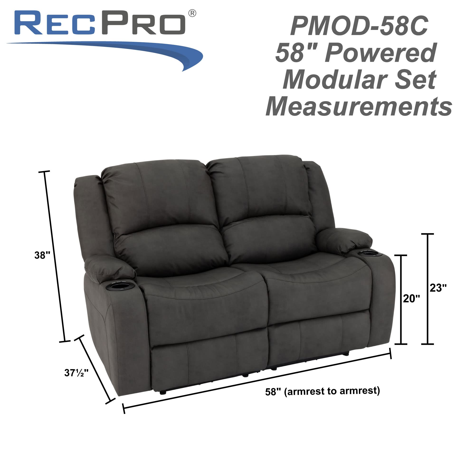 RecPro Charles 58" Powered Double RV Wall Hugger Recliner Sofa RV Loveseat with Upgraded 2023 Fabric (Gunmetal)