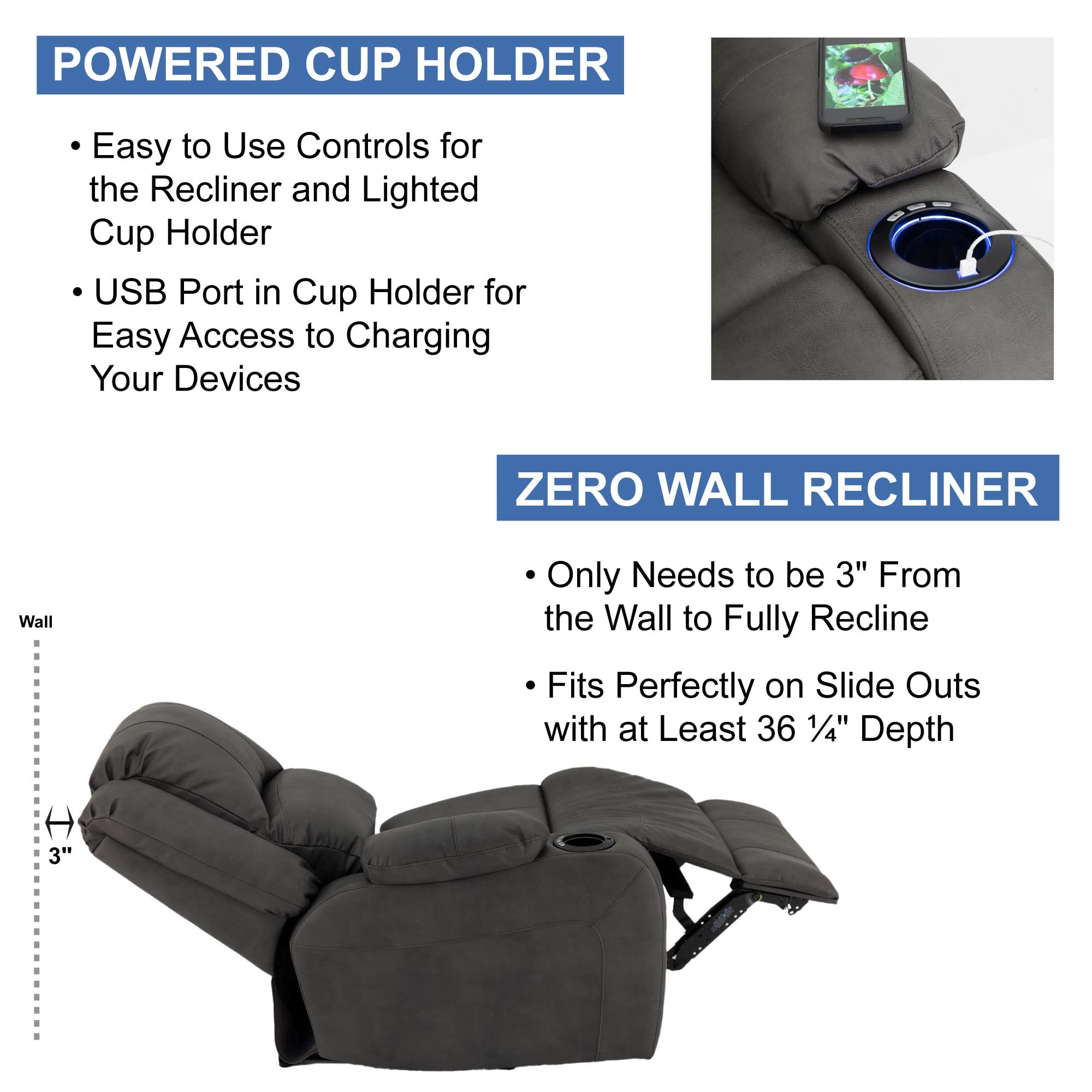 RecPro Charles 58" Powered Double RV Wall Hugger Recliner Sofa RV Loveseat with Upgraded 2023 Fabric (Gunmetal)