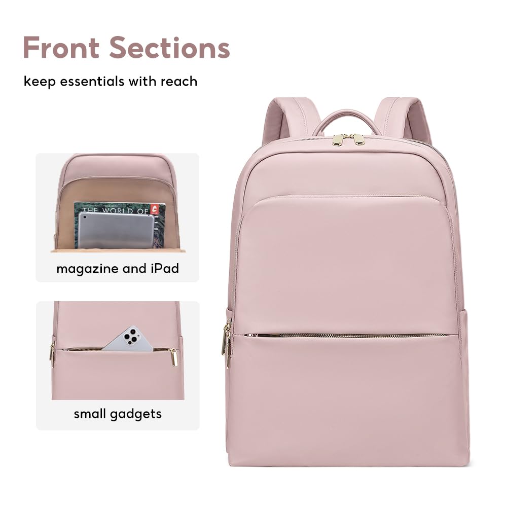FULL DESIGN Travel Laptop Backpack for Women, 14 inch Water Resistant Computer Backpack, Fashion Daypack Shoulder Bag for Work College (Pink)
