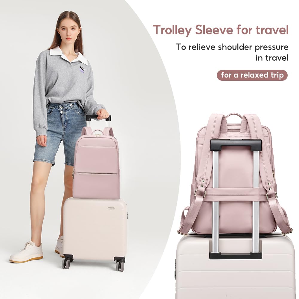 FULL DESIGN Travel Laptop Backpack for Women, 14 inch Water Resistant Computer Backpack, Fashion Daypack Shoulder Bag for Work College (Pink)