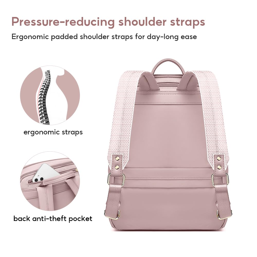 FULL DESIGN Travel Laptop Backpack for Women, 14 inch Water Resistant Computer Backpack, Fashion Daypack Shoulder Bag for Work College (Pink)