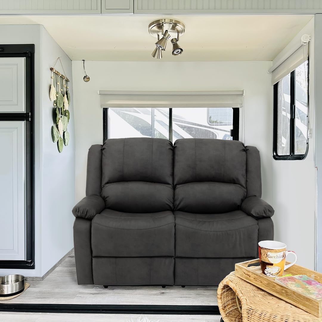 RecPro Charles 58" Double Recliner RV Sofa | Zero Wall Loveseat for Camper | Wall Hugger Couch | Fifth Wheel Theater Seating | Upgraded 2023 Fabric (Gunmetal)