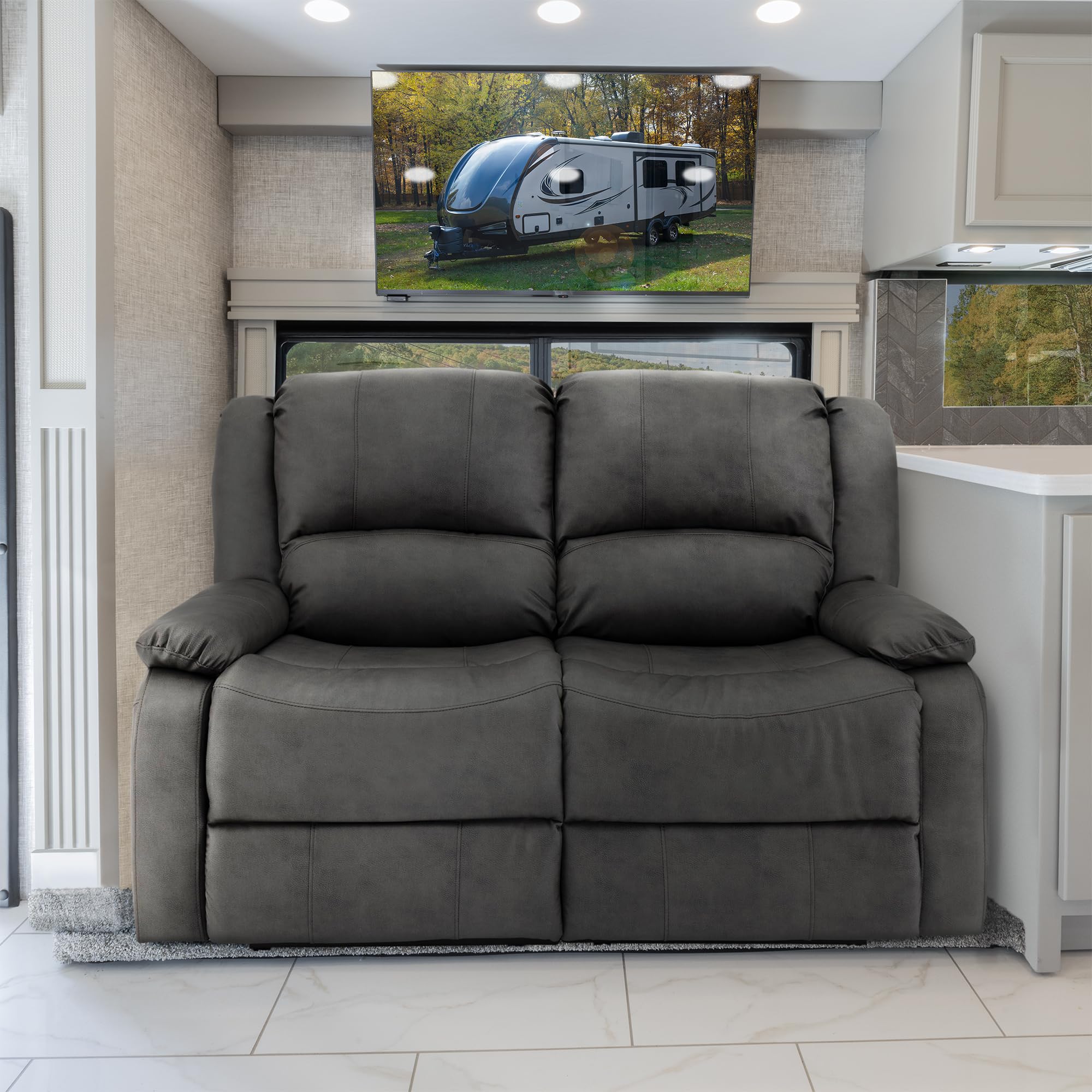 RecPro Charles 58" Double Recliner RV Sofa | Zero Wall Loveseat for Camper | Wall Hugger Couch | Fifth Wheel Theater Seating | Upgraded 2023 Fabric (Gunmetal)