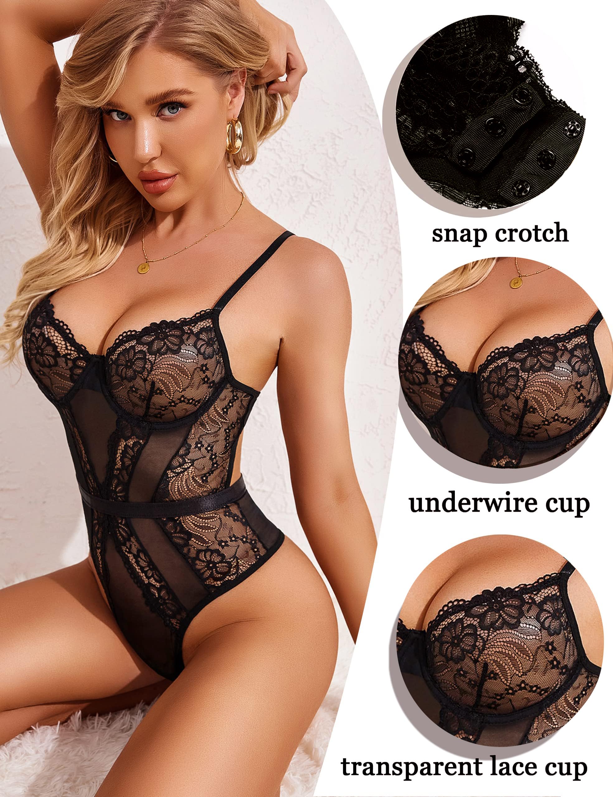 Avidlove Women Lingerie Bodysuit Lace Teddy Snap Crotch V Neck Cut Out One Piece Babydoll Underwire