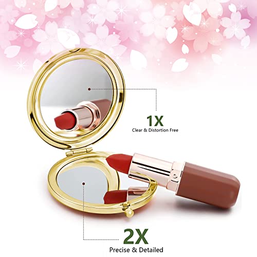LONNAONE Compact Mirror for Women,Round Mini Pocket Travel Makeup Mirror,Pretty Portable Folding Small Pocket Mirror for Handbag,Purse,Double Sided Handheld Pocket Mirror(Golden Happy Christmas