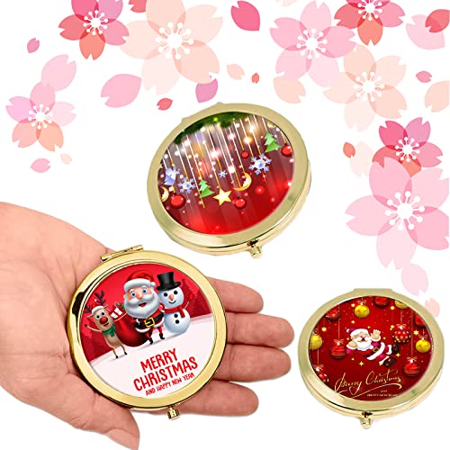 LONNAONE Compact Mirror for Women,Round Mini Pocket Travel Makeup Mirror,Pretty Portable Folding Small Pocket Mirror for Handbag,Purse,Double Sided Handheld Pocket Mirror(Golden Happy Christmas